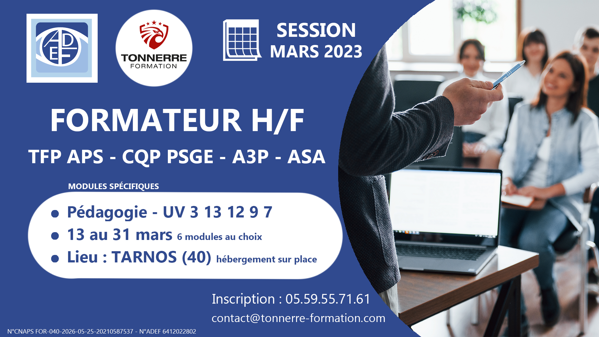 Formation de FORMATEUR TFP APS : la session de MARS 2023